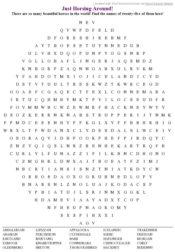 Horse Breeds Word Search Puzzle