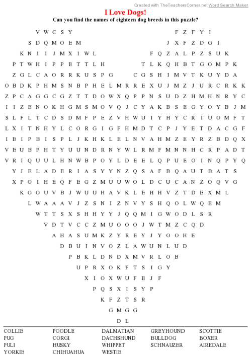 Printable Dog Breeds Word Search Puzzle