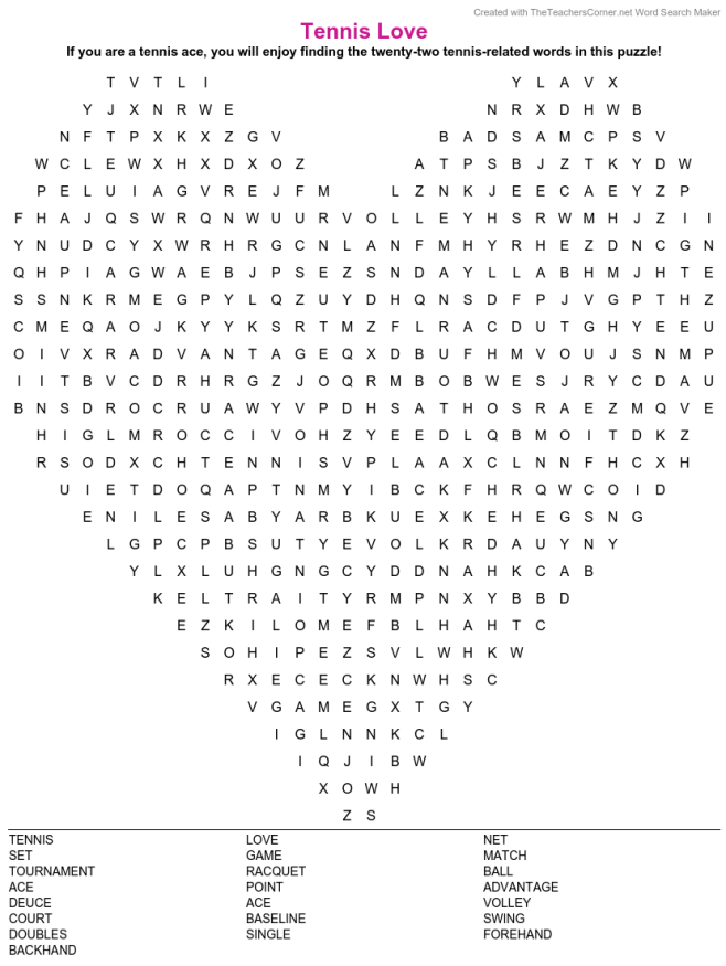 Tennis Word Search Puzzle