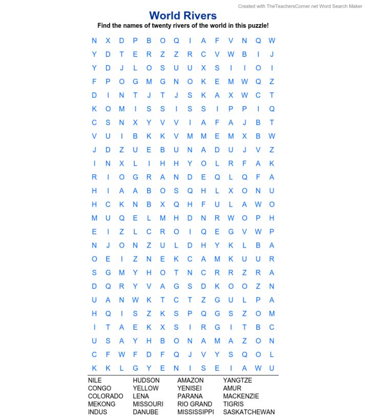 World Rivers Word Search Puzzle